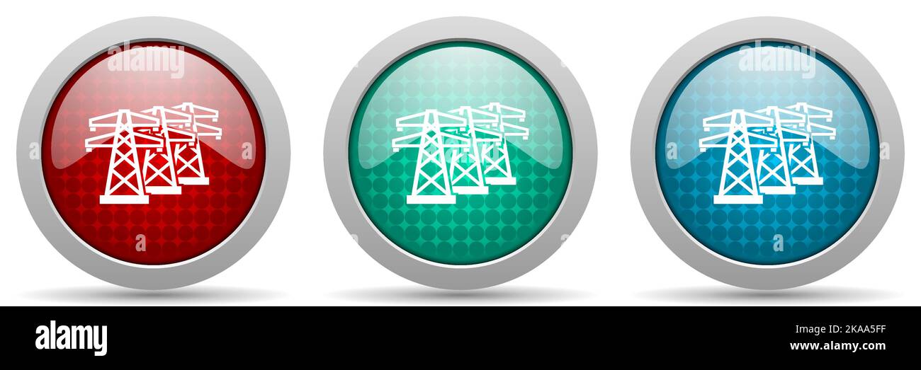 Power line, energy towers vector icon set, glossy web buttons ...