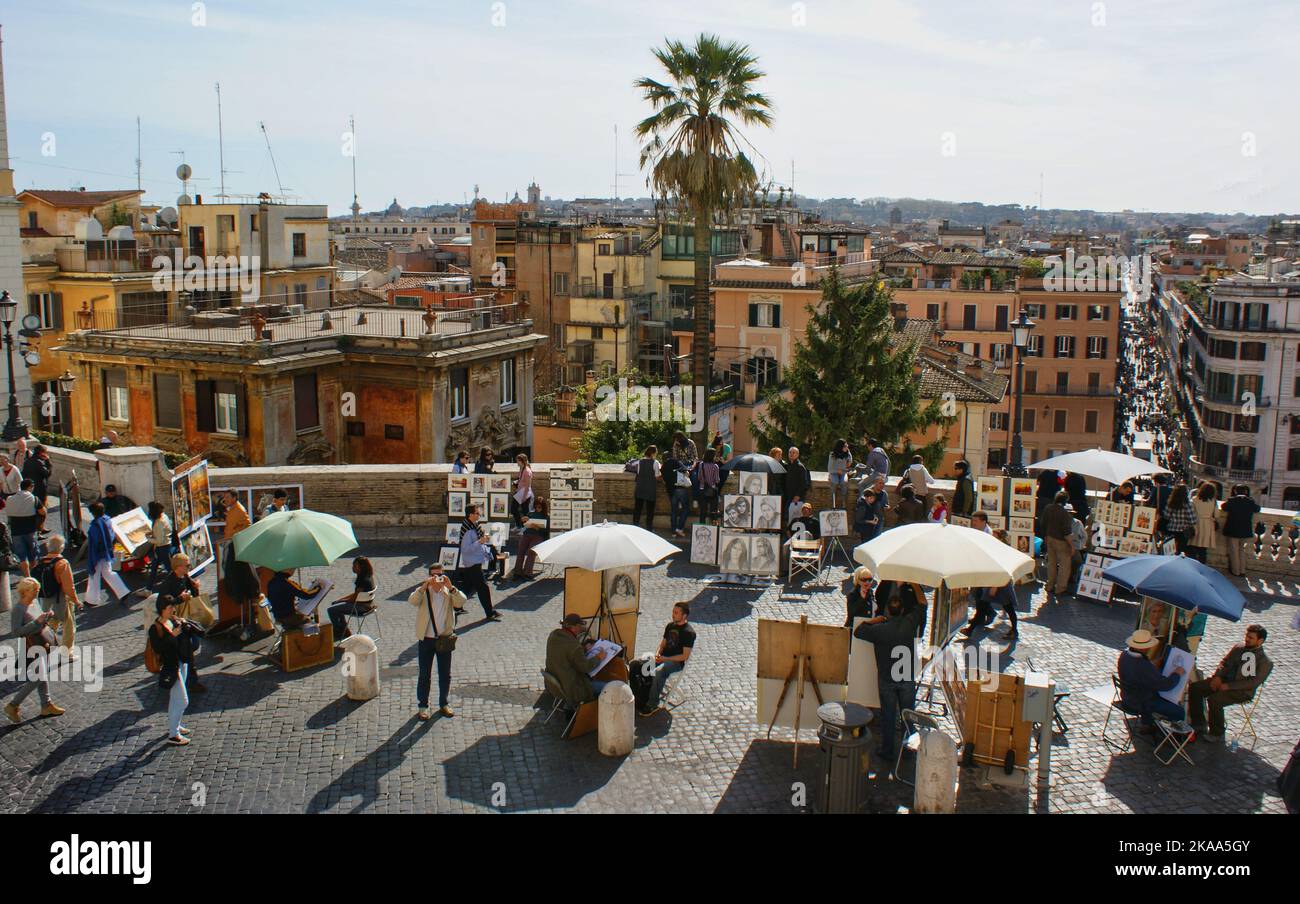 A sunny day in the streets of Rome, Italy with tourists gathered around ...