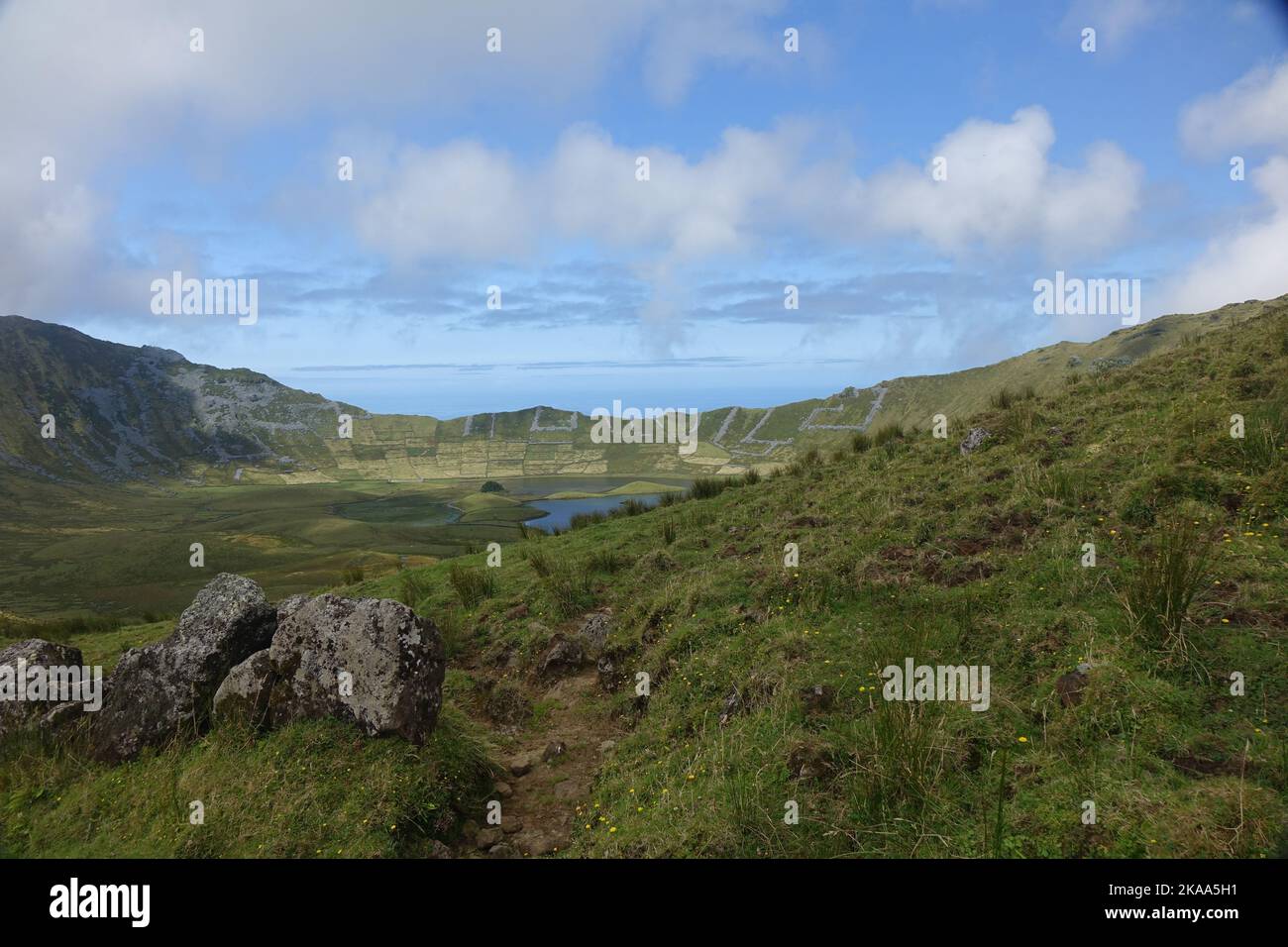 A scenic view of the beautiful Caldeirao Lagoon at Corvo Island in ...