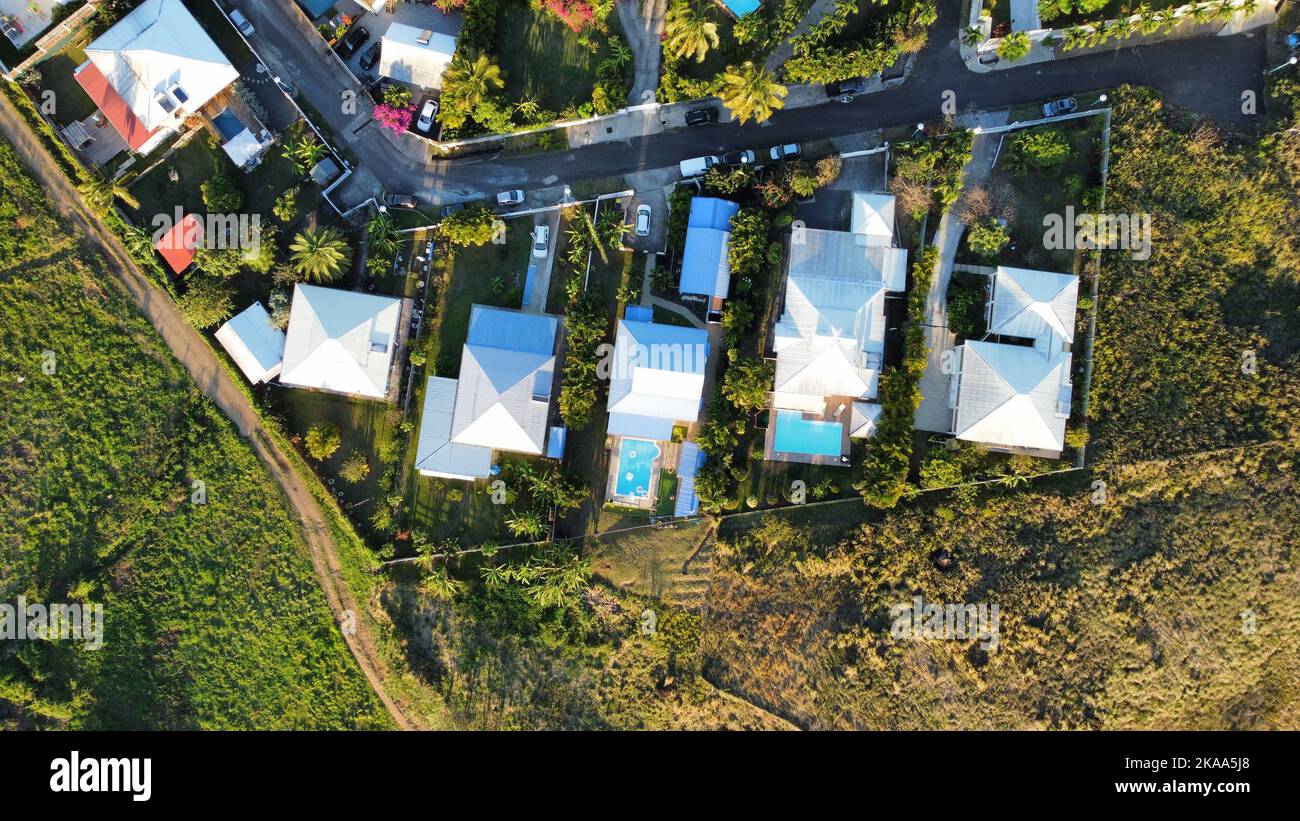 An aerial top view of multiple houses surrounded by trees and fields ...