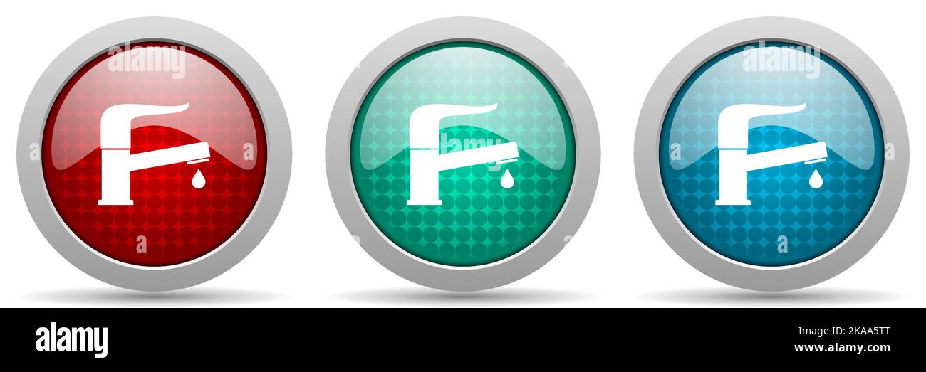 Water faucet, modern tap vector icon set, glossy web buttons collection ...
