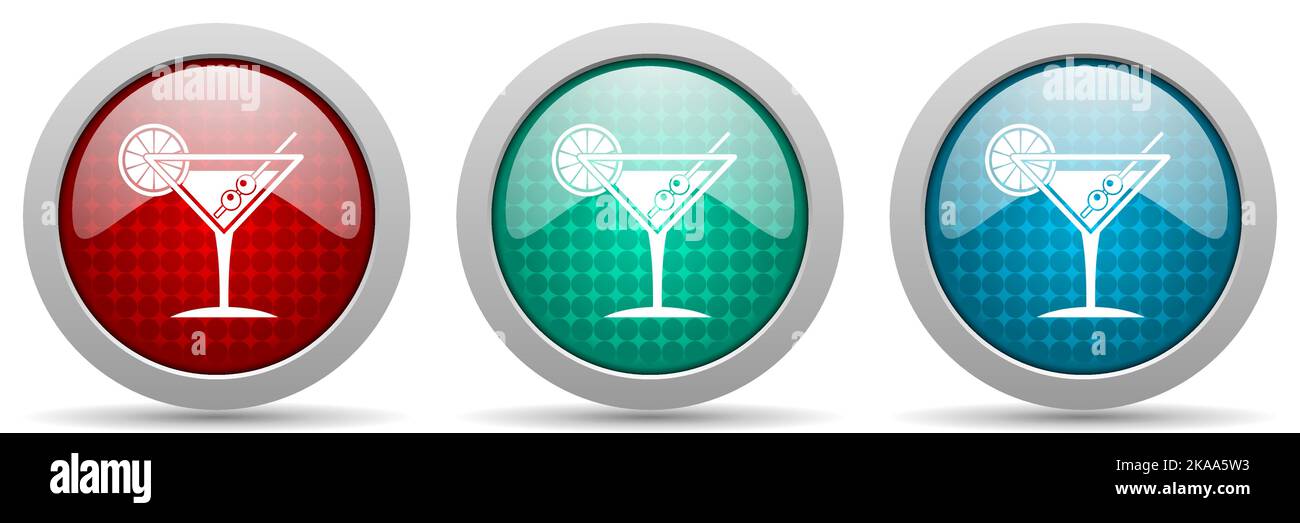 Tropical drink, alcohol, bar, martini in glass vector icon set, glossy ...