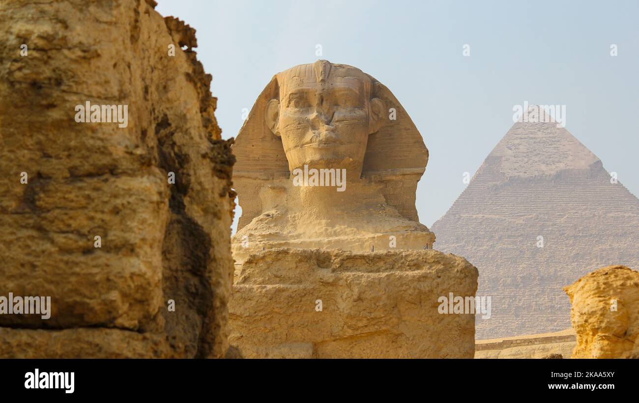 A front closeup view of the Great Sphinx Giza and the Great Cheops ...