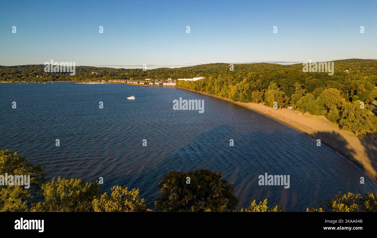 An aerial view of Croton Point Park with the Hudson River at soft ...