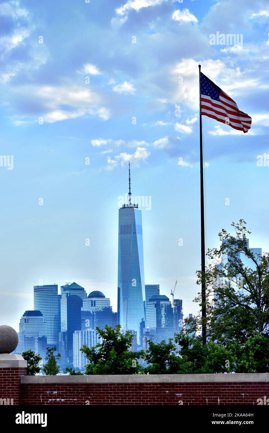 A View Of The Famous Freedom Tower And A Flag In New York City Stock