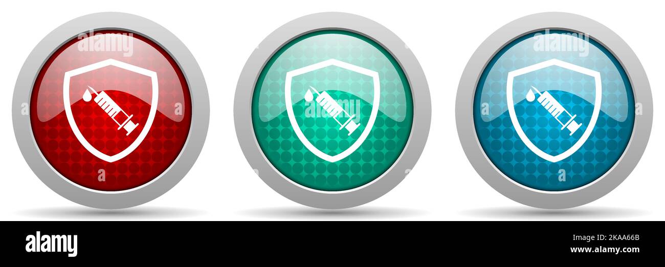 Vaccine shield concept vector icon set, glossy web buttons collection ...