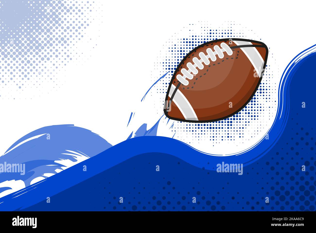 A flying american football ball abowe blue flat wave. Abstract ...