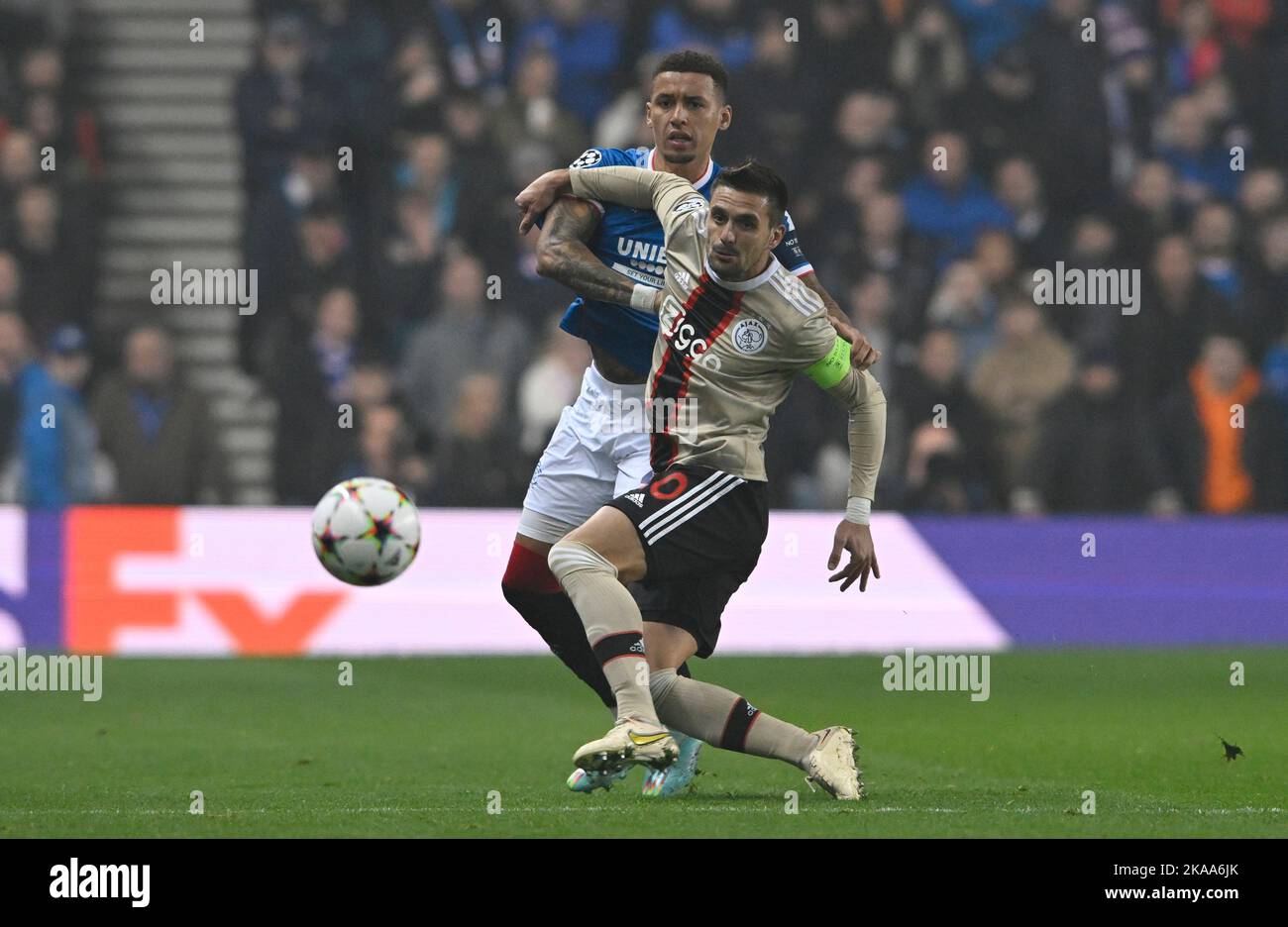 Glasgow, Scotland, 1st November 2022. James Tavernier of Rangers and Dusan Tadic of Ajax during ...