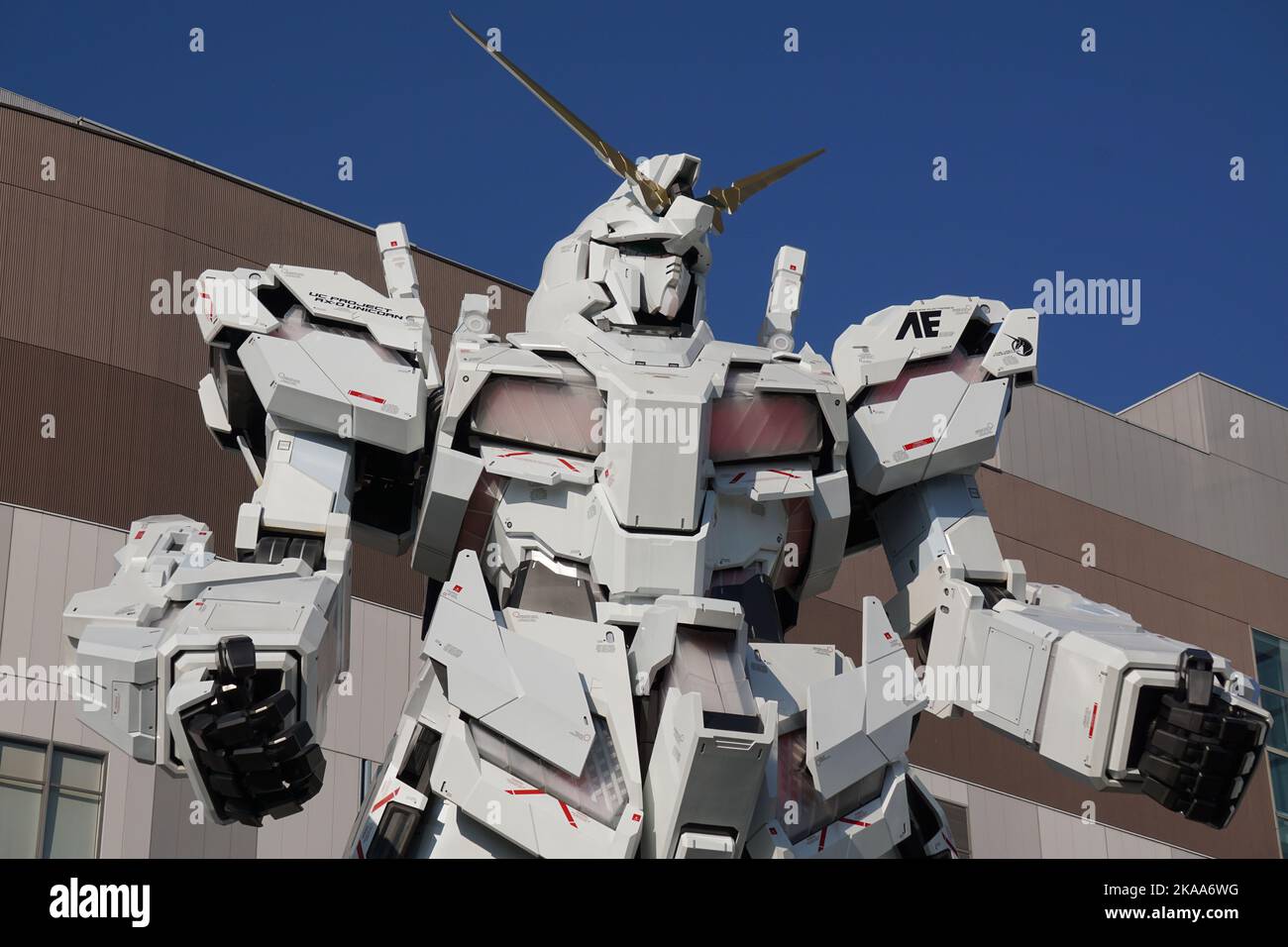 A closeup shot of the Unicorn Gundam statue in Odaiba Tokyo, Japan ...