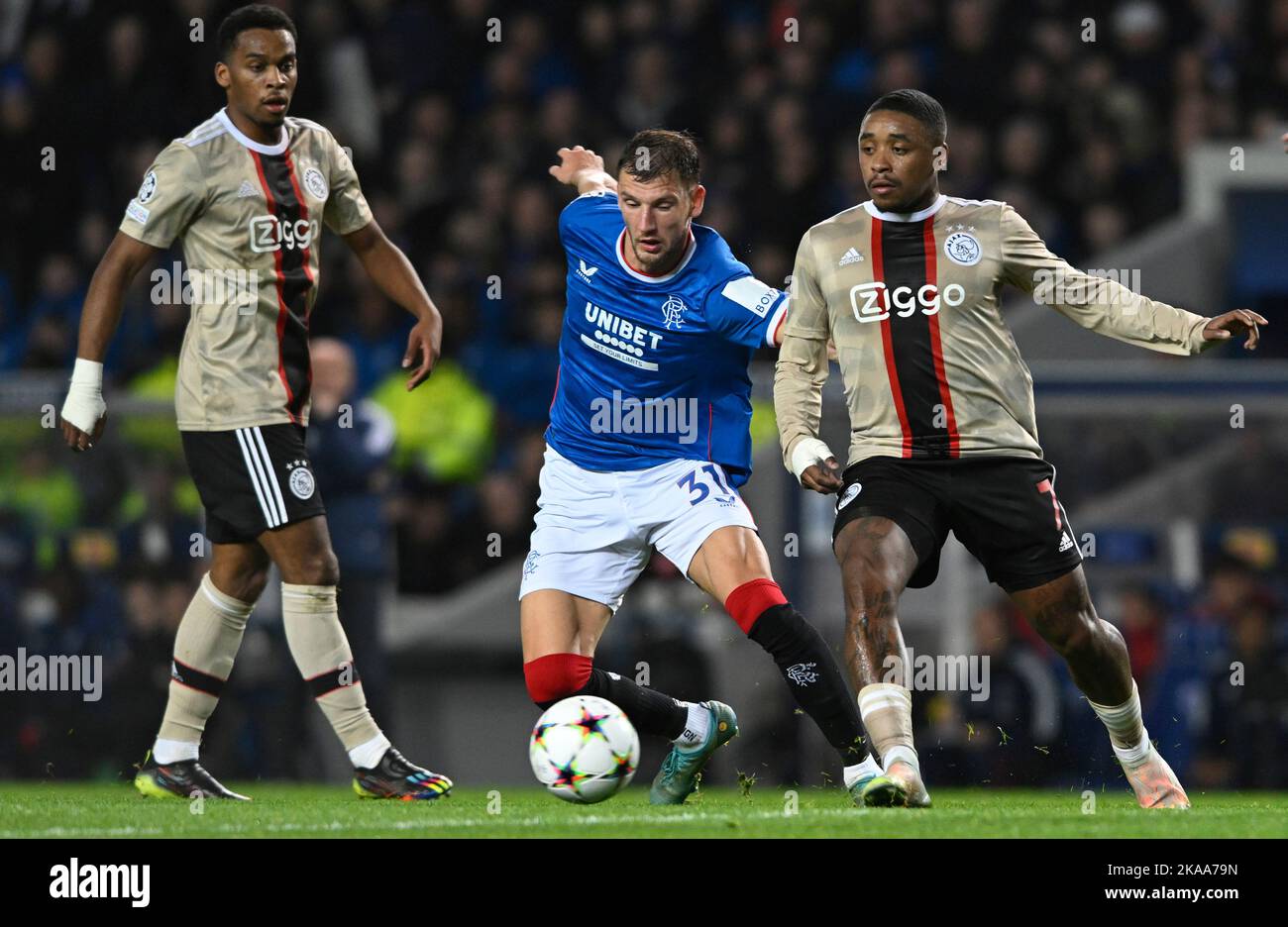 Glasgow, Scotland, 1st November 2022. Steven Bergwijn of Ajax and Borna Barišić of Rangers ...