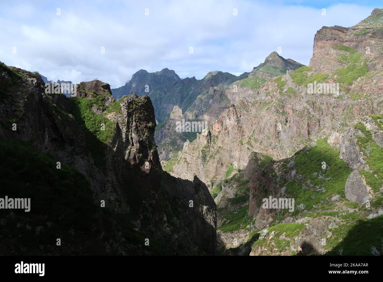 Rugged mountain landscape along a king trail between Pico Ruivo and ...