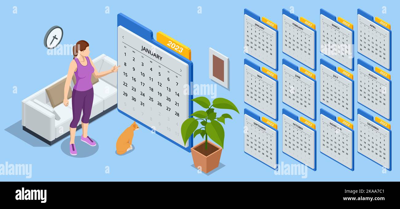 Isometric Calendar for 2023 year. Stationery Design Print Template. Set ...