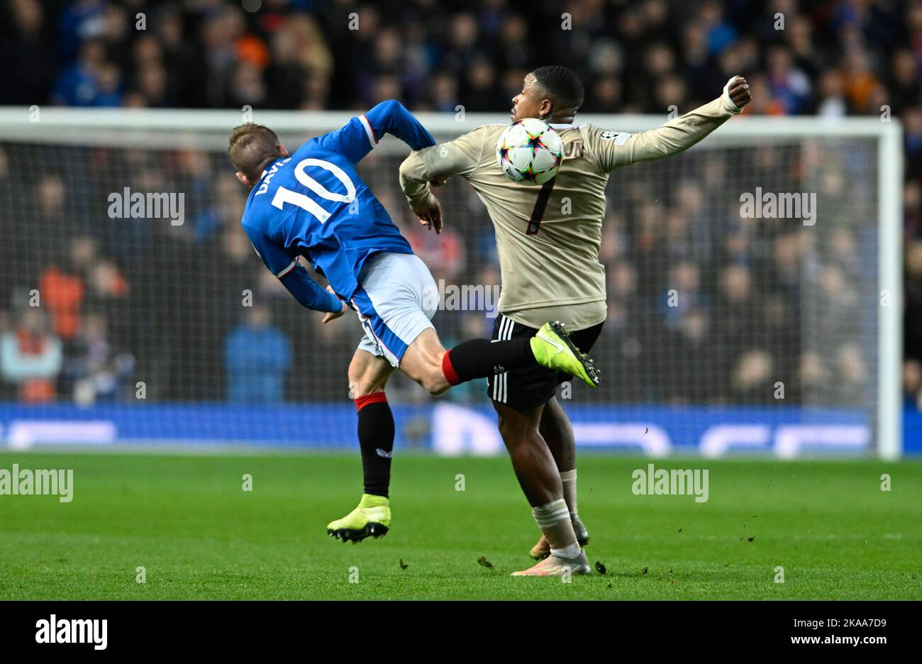 Glasgow, Scotland, 1st November 2022. Steven Davis of Rangers and Steven Bergwijn of Ajax during ...