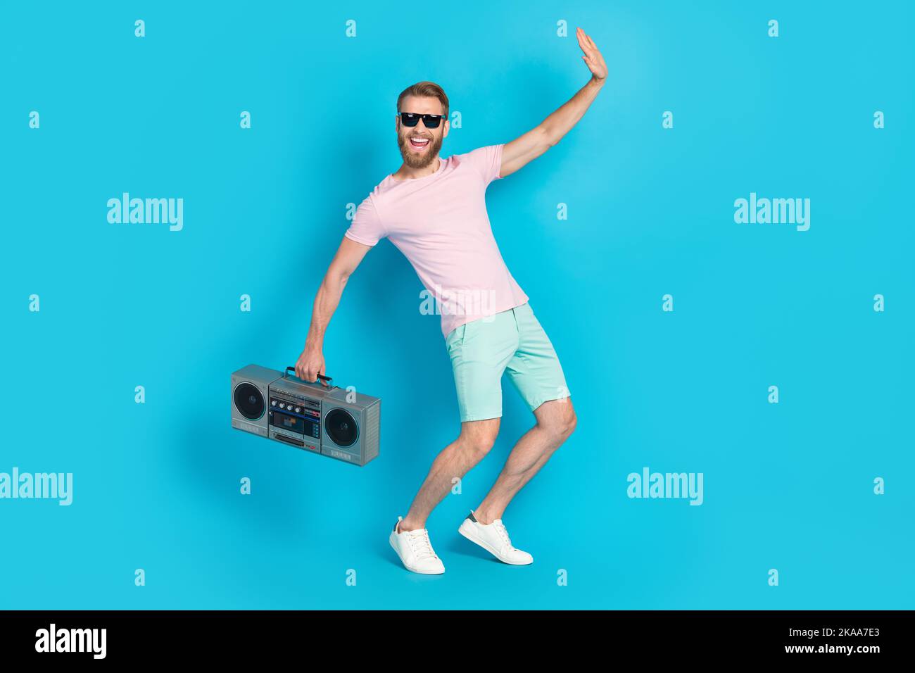 Full size photo of handsome young guy dancing energetic dj retro ...