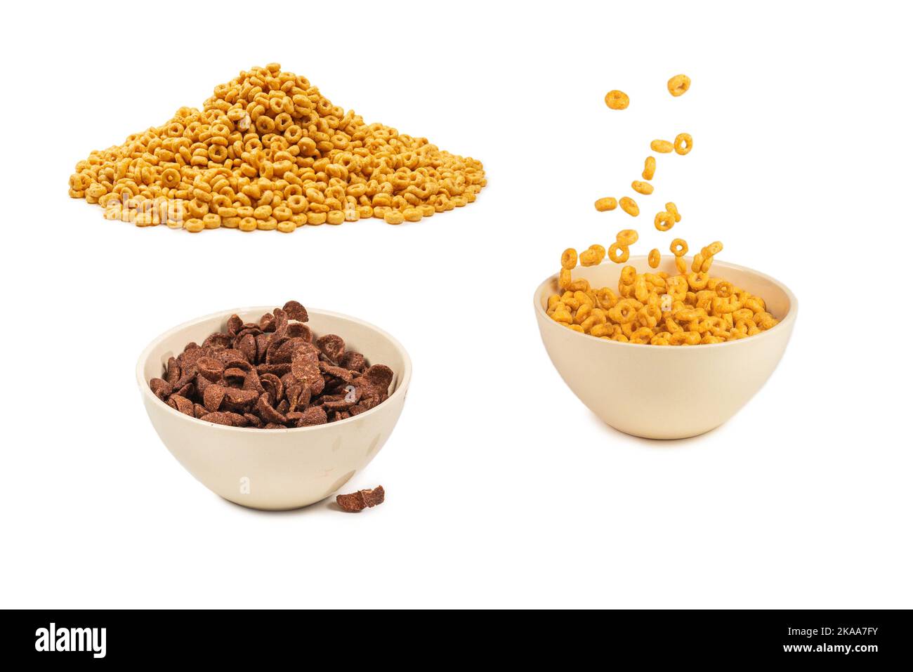 Honey rings cereal box for morning breakfast. Corn flakes falling to ...