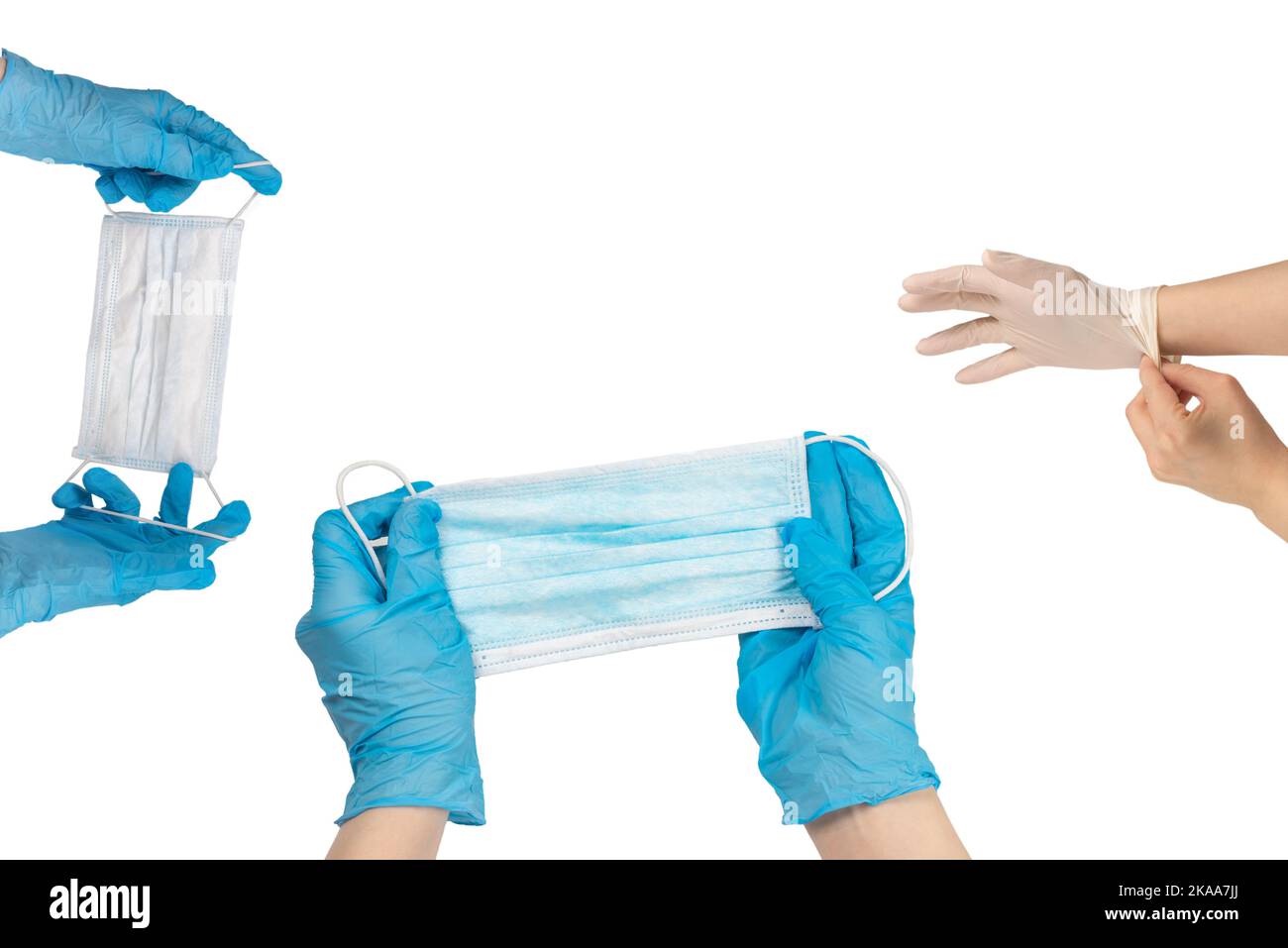 Woman puts on protective mask with blue rubber gloves. Isolated on ...