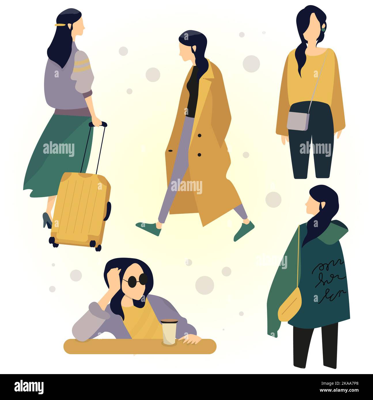 Collection of stylish young women dressed in trendy clothes. Set of ...