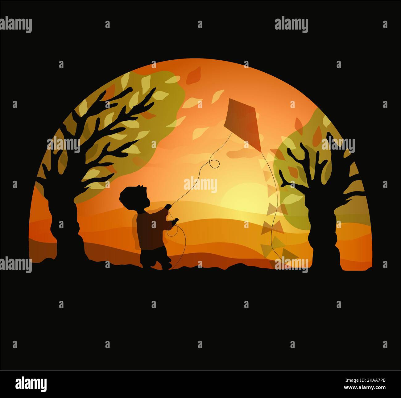 boy play kite that around with country rural life in silhouette style ...
