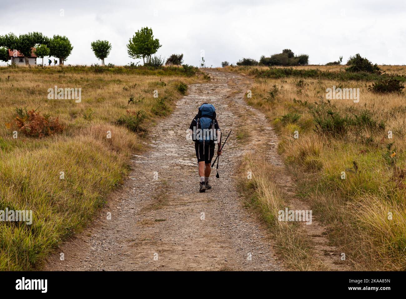 Pilgrim walking on the path of Way of St James with a stormy sky ...