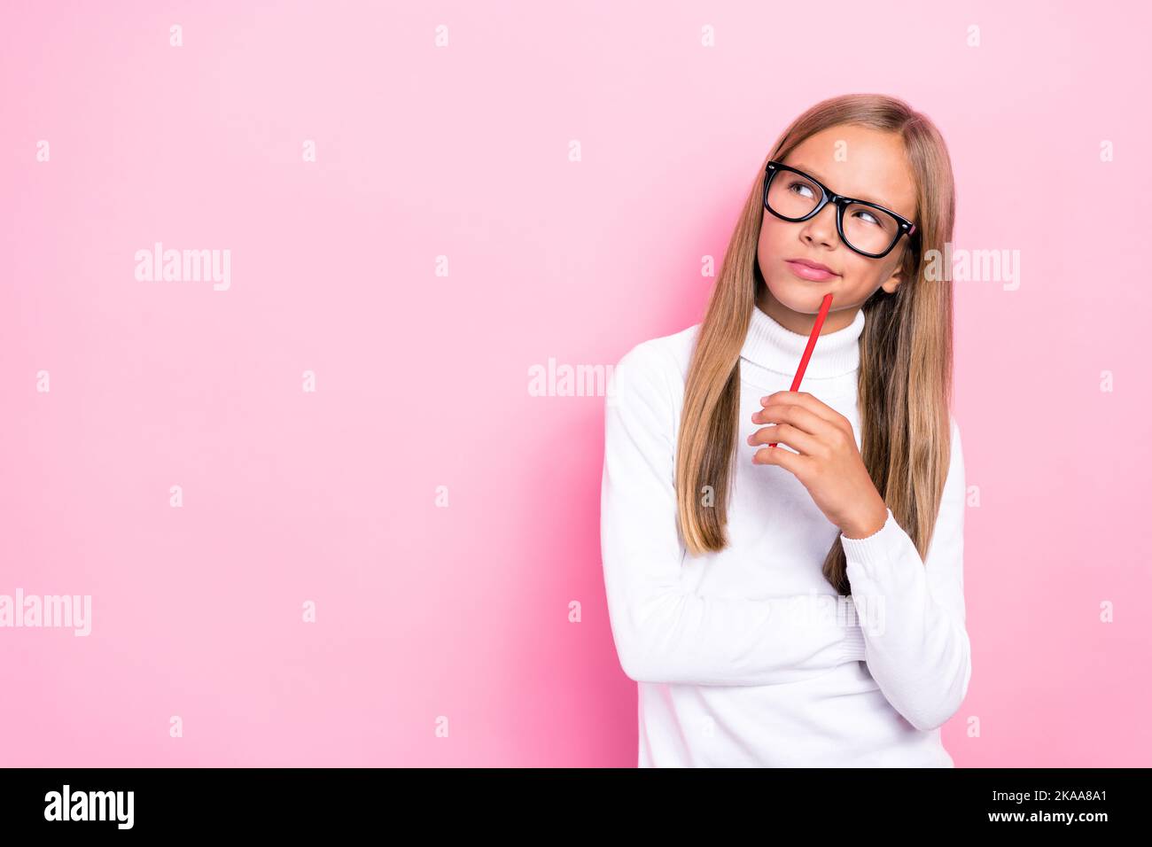 Photo of minded creative person arm hold pen look interested empty ...