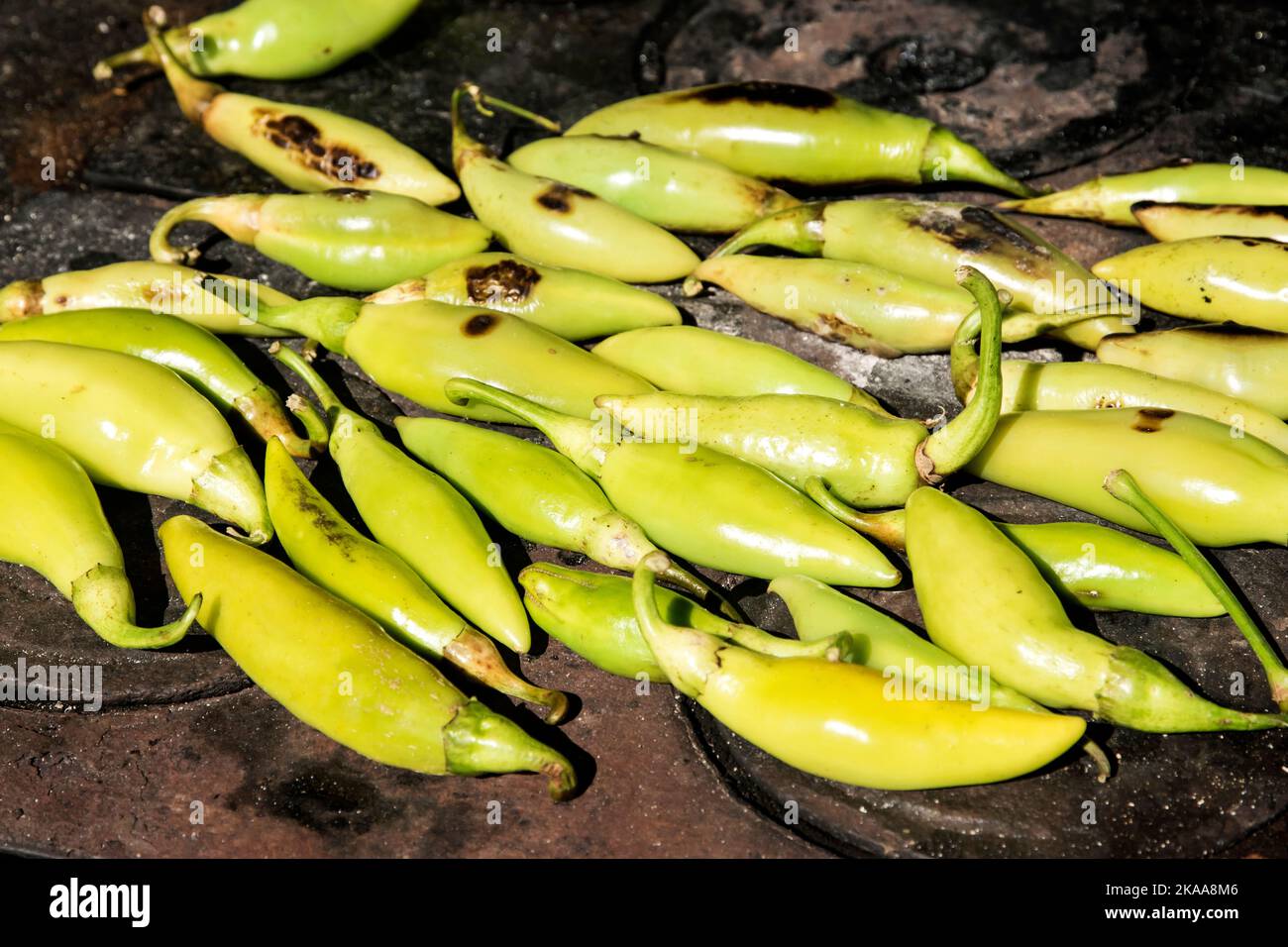 Roasting green chili peppers on outdoor fire pit of farmhouse Stock ...