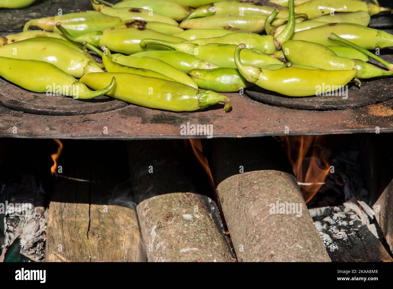 Roasting green chili peppers on outdoor fire pit of farmhouse Stock ...