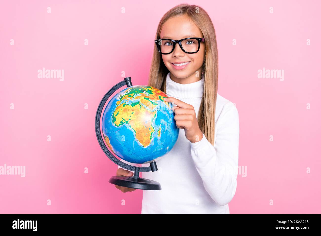 Photo of intelligent positive person hands hold globe finger showing ...