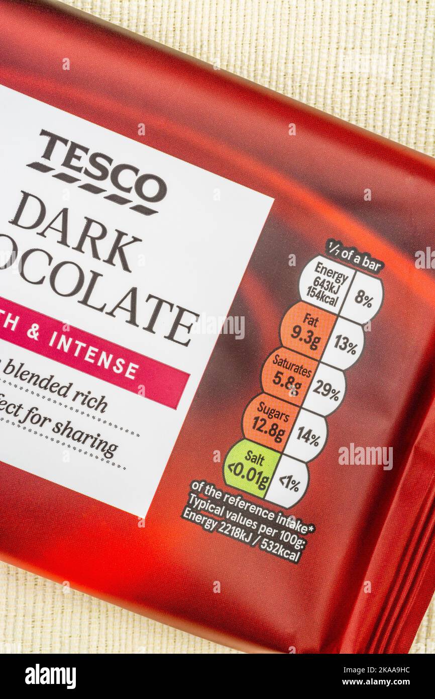 Close-up Tesco brand dark chocolate soft plastic film food packaging ...