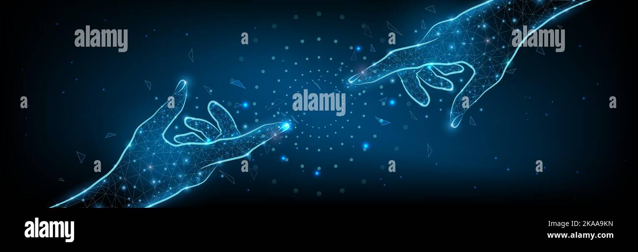 Creation AI concept - two hands reach for each other connecting ...