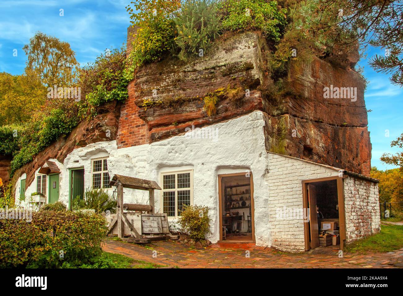 Outside view of the National trusts rock cottages cave houses on Kinver ...