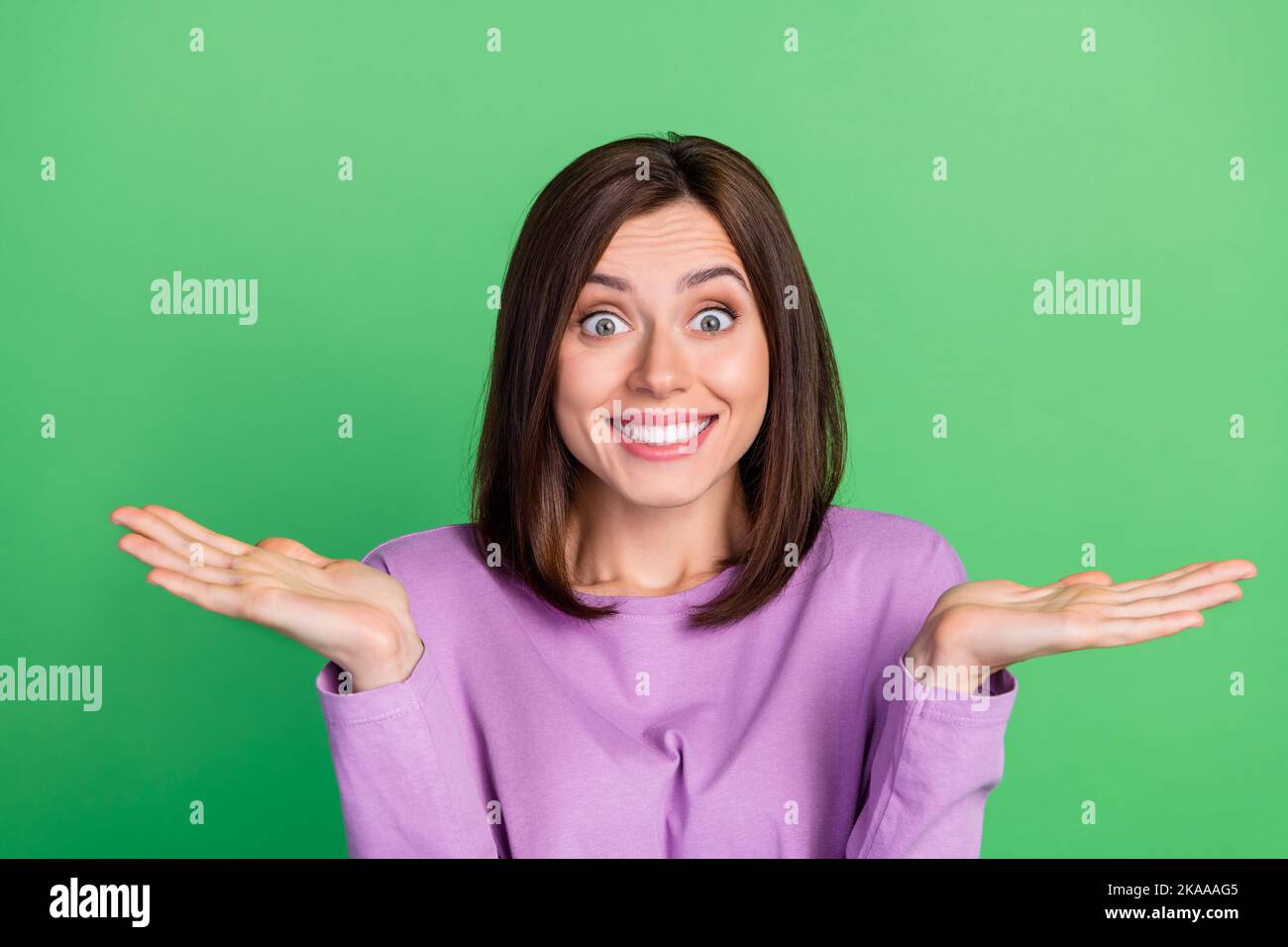 Closeup photo of young crazy attractive girl hold two hands objects ...