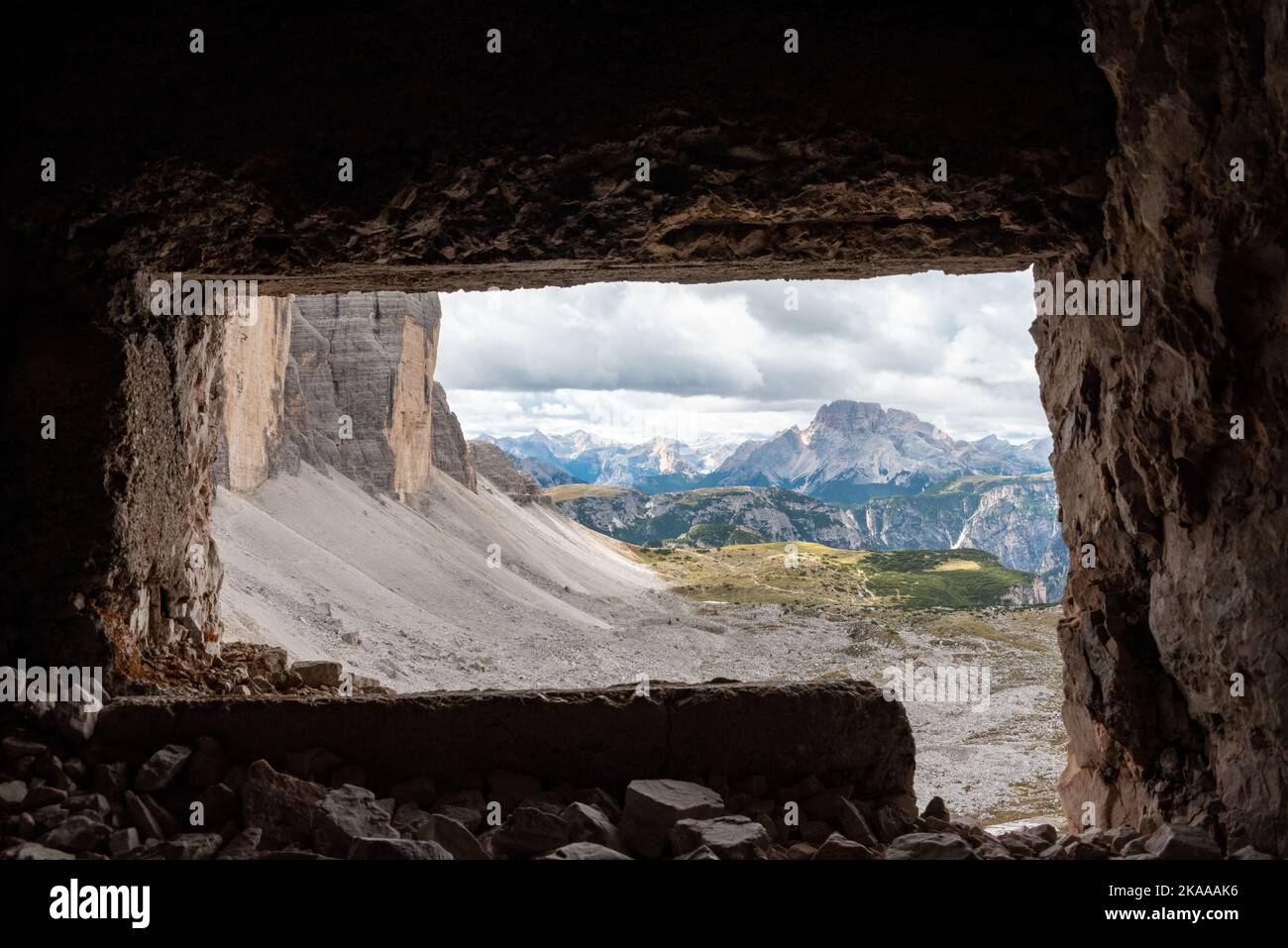 View through an old embrasure in an alpine fortress of the World War I ...