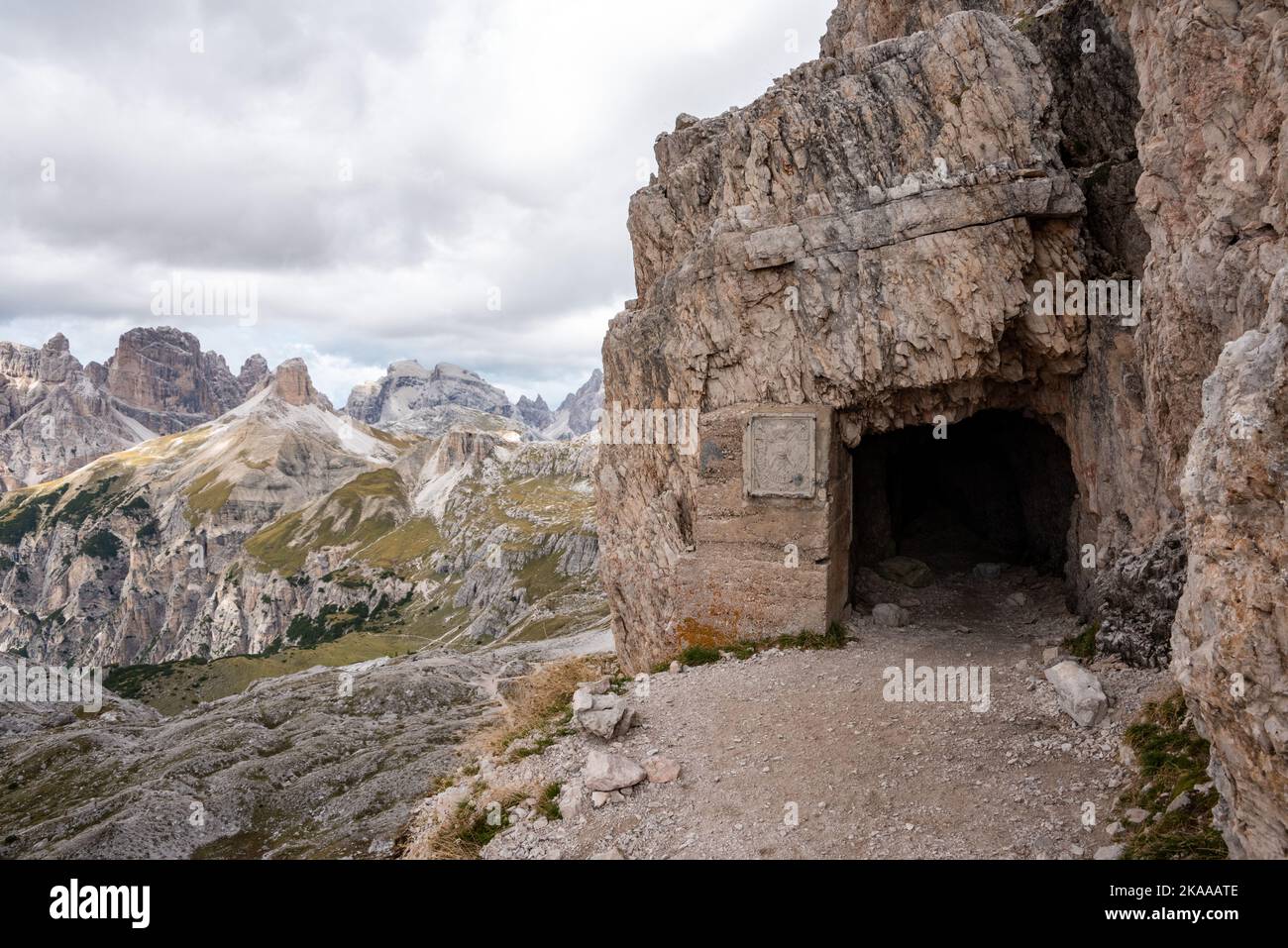 An old fortress entrance in the Dolomites near the 3 Zinnen mountains ...