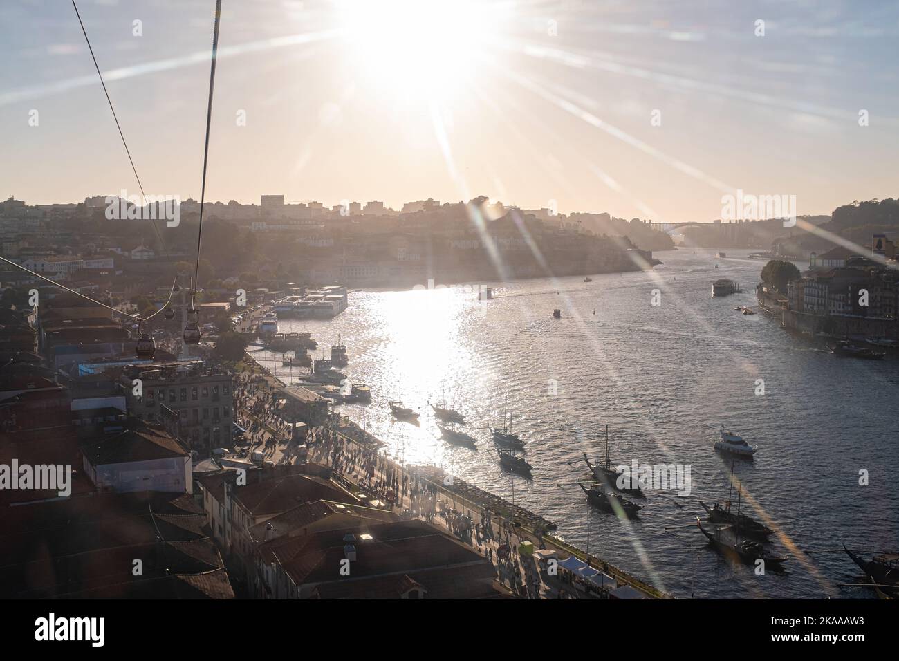 Sun rays flare on a windshield Douro river landscape in Porto, Portugal ...