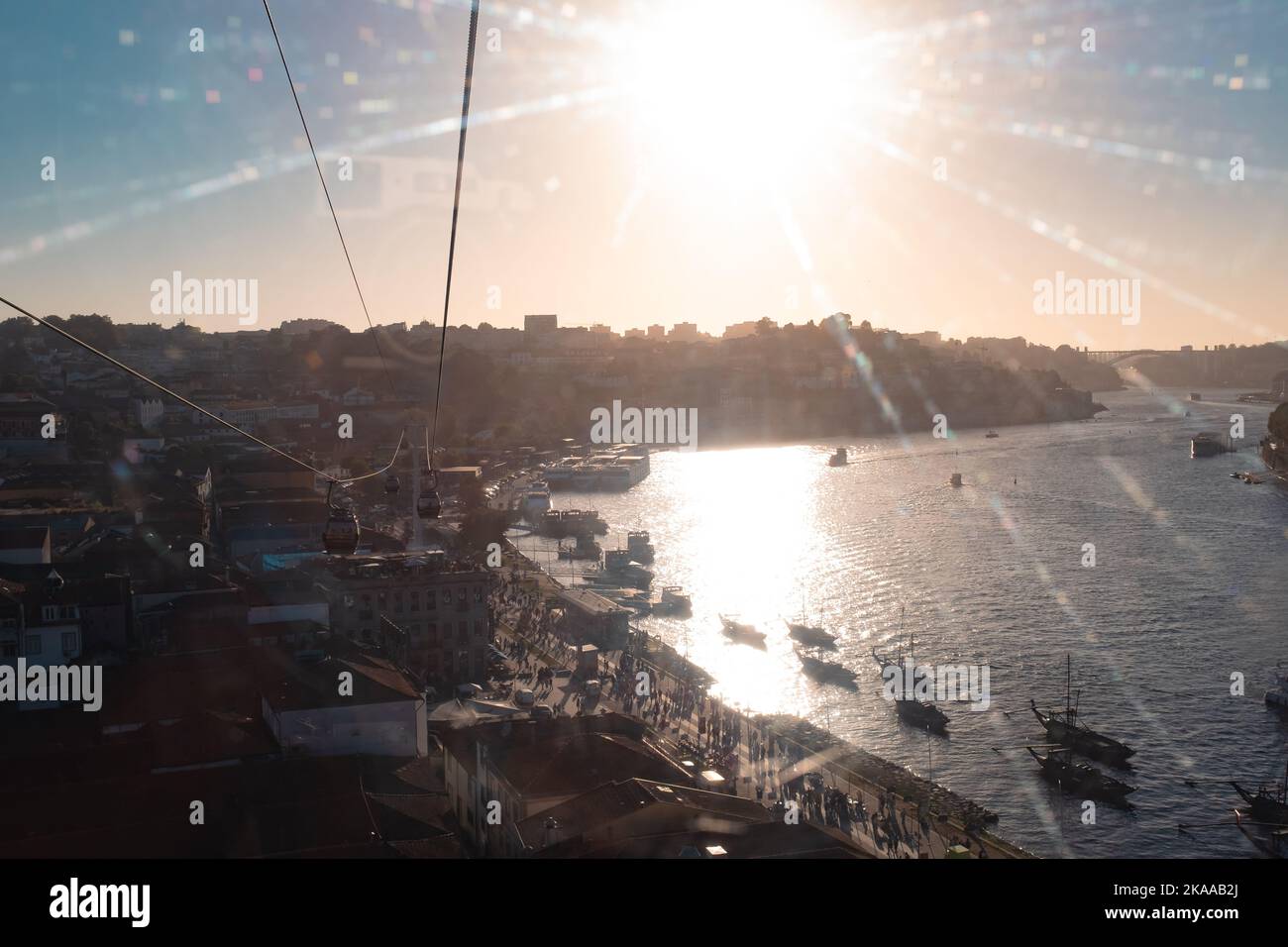 Sun rays flare on a windshield Douro river landscape in Porto, Portugal ...