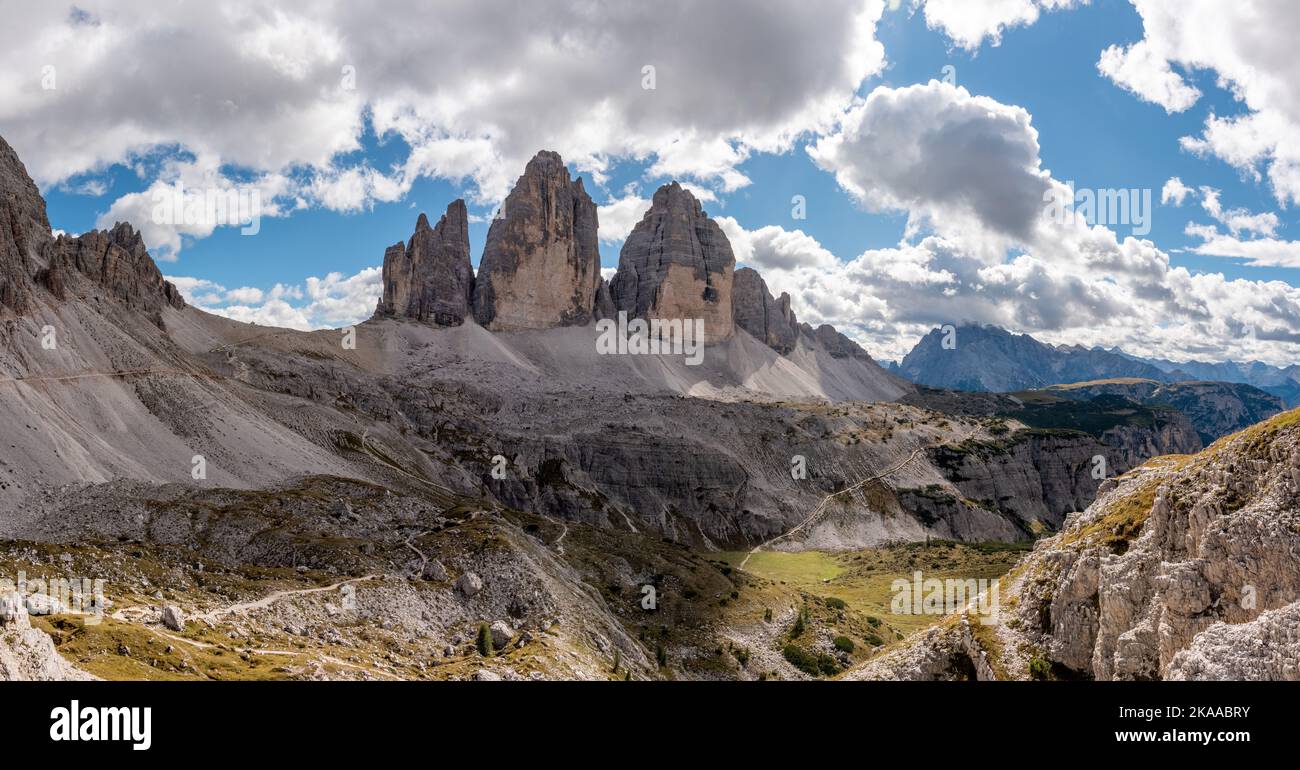 View of the iconic Drei Zinnen mountains in the South Tirolese Dolomite ...