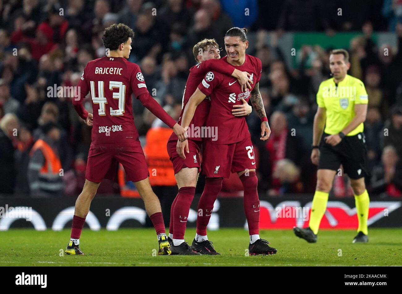 Liverpool's Darwin Nunez celebrates scoring their side's second goal of ...