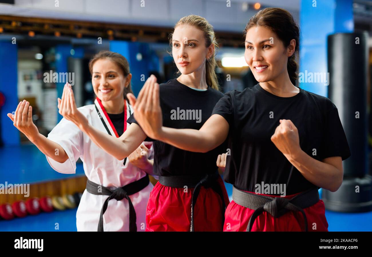 Three young smiling women practicing in karate Stock Photo - Alamy
