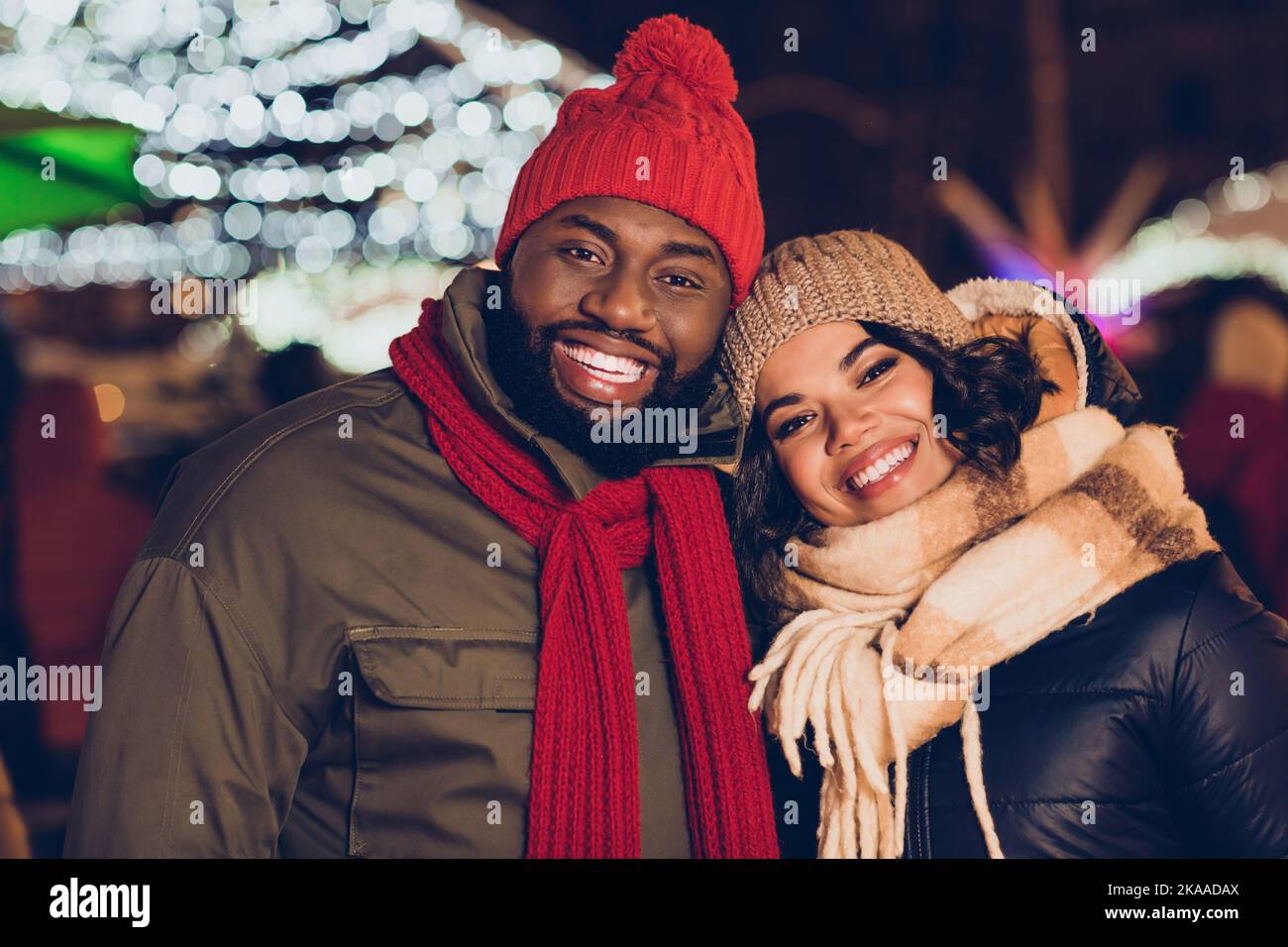 Photo of sweet couple lady wife embrace cuddle guy husband enjoy advent ...
