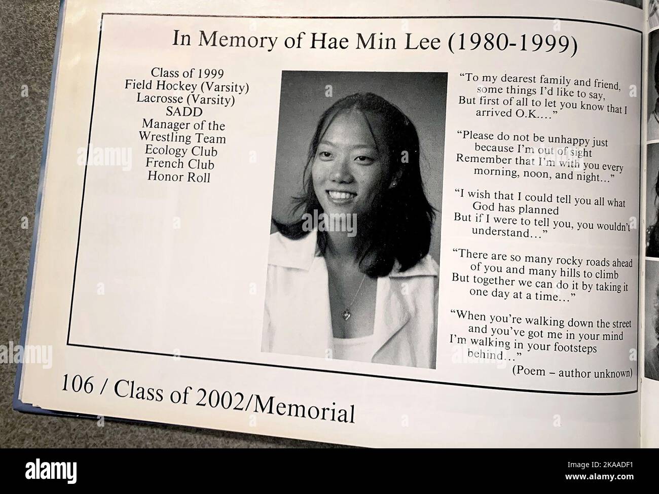A tribute to Hae Min Lee, class of 1999, in a Woodlawn High School ...