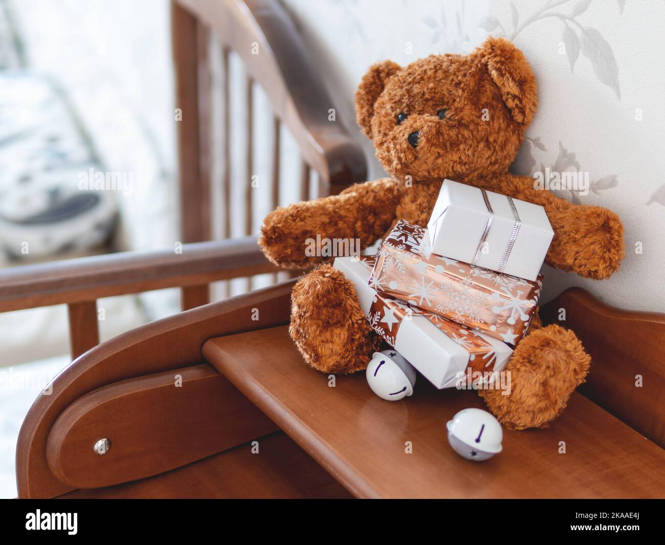 Teddy bear in kids room before New Year.. Plush toy with Christmas ...