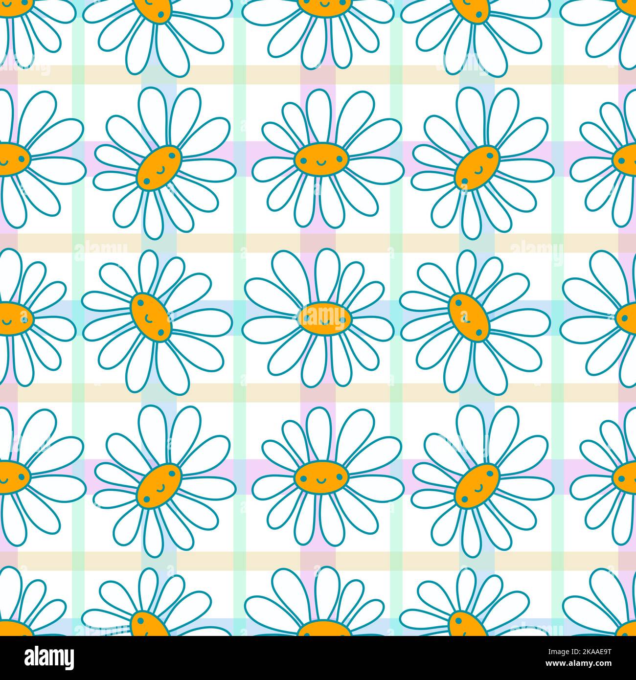 Cartoon floral face seamless kawaii flower daisy and stripes ribbons ...