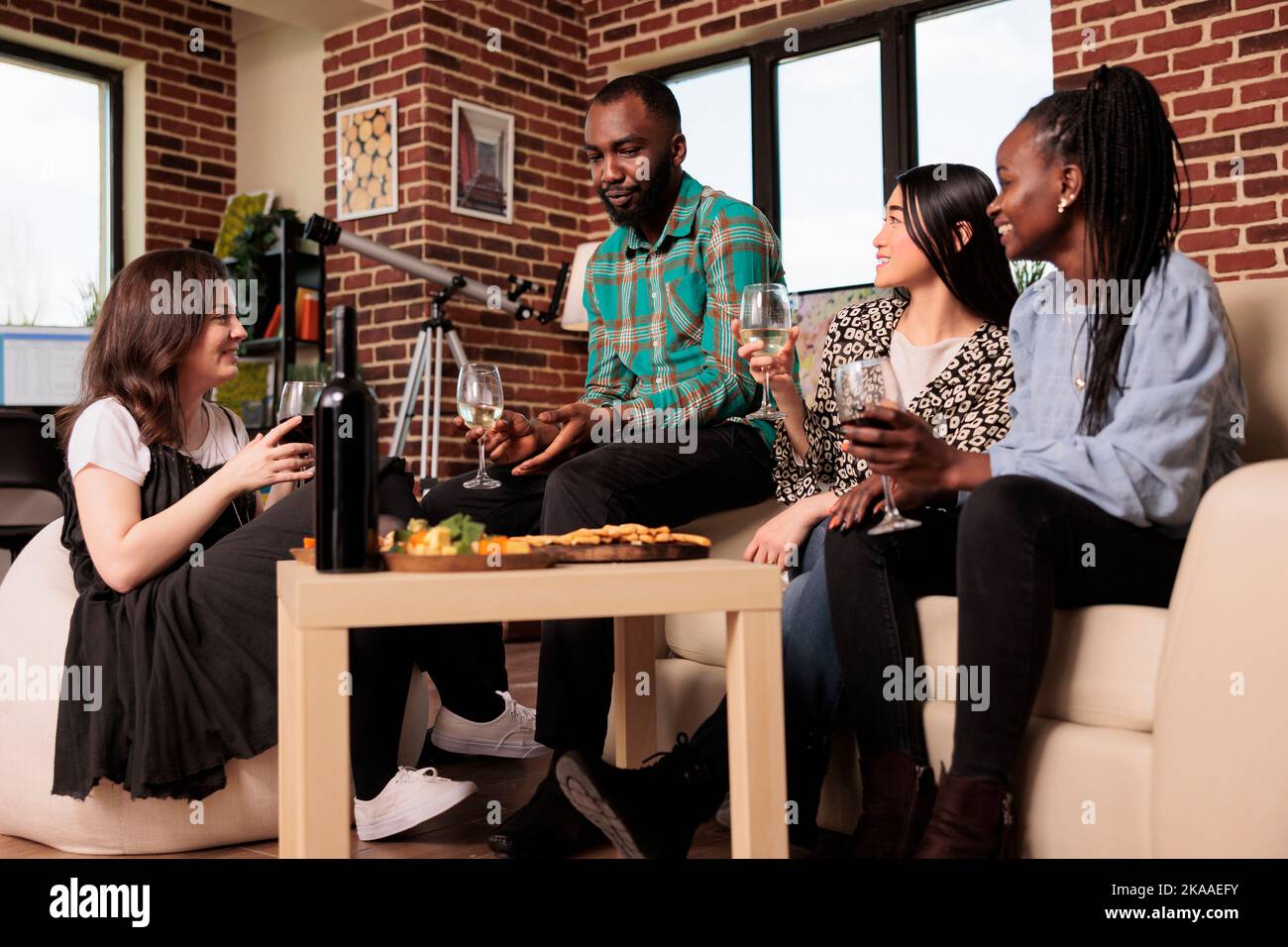 Multicultural people group having happy, pleasant chatting ...