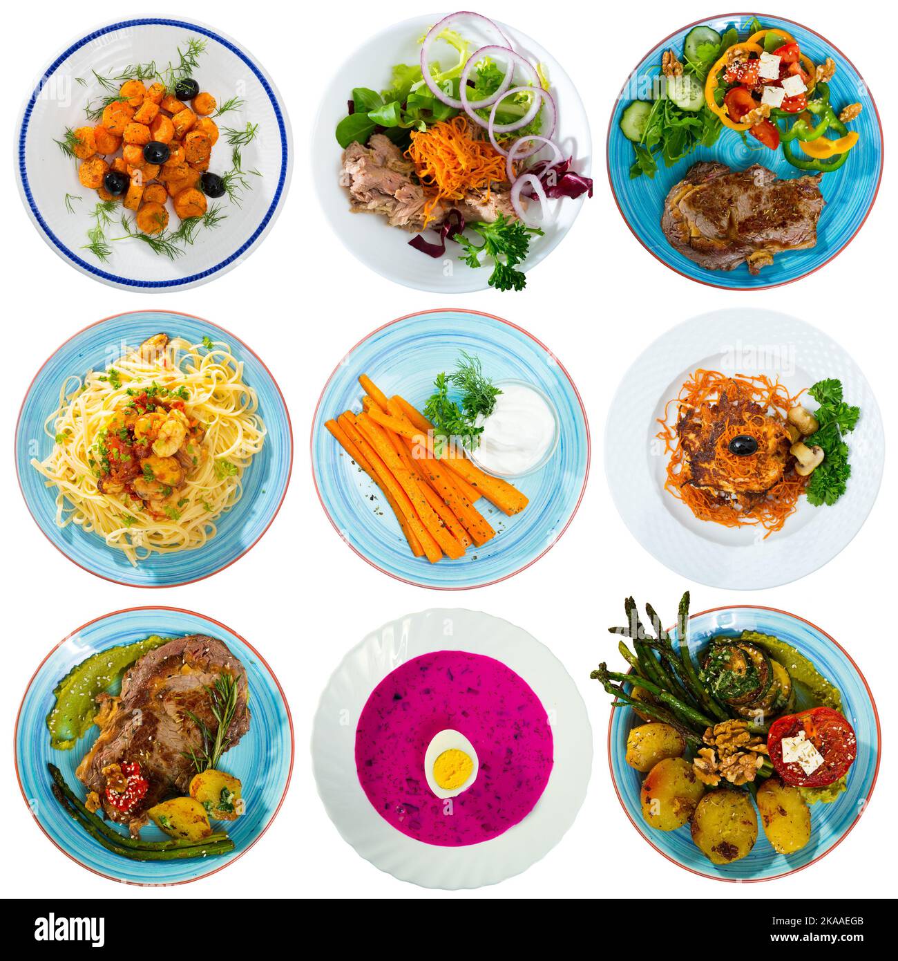 Collage of different dishes on round plates Stock Photo - Alamy