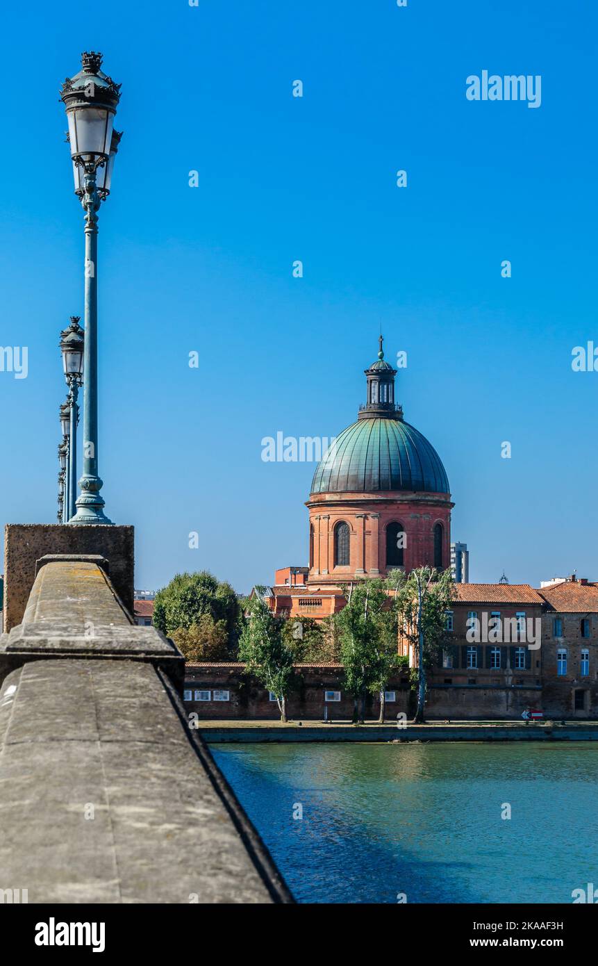 View from the bridge over the Garonne river of the chapel built in the ...