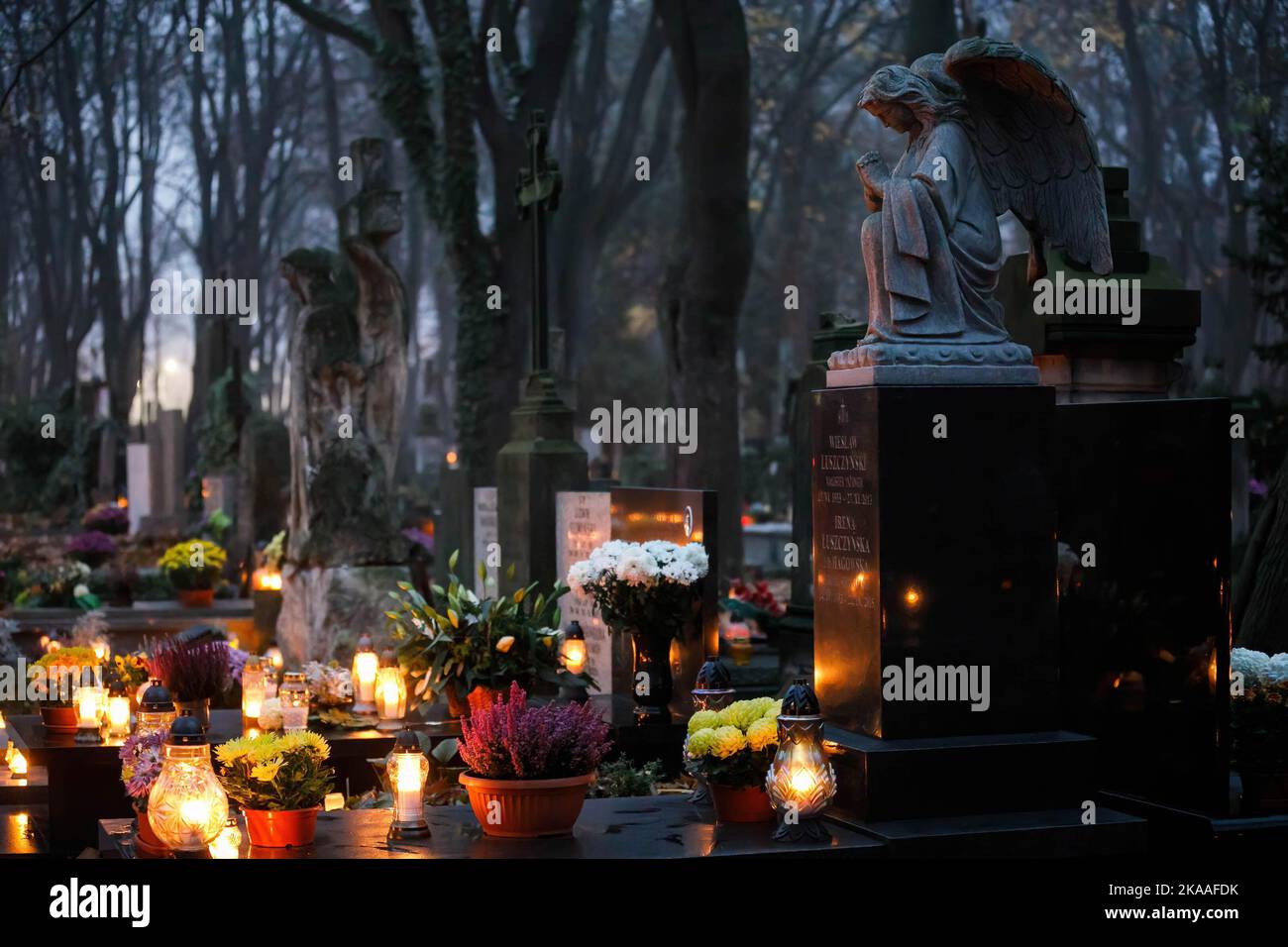 Warsaw, Poland. 01st Nov, 2022. A tomb decorated with an angels ...