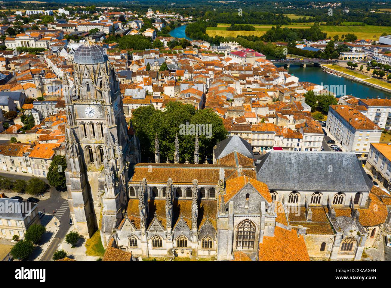 Drone view of historic district of Saintes with cathedral, France Stock ...