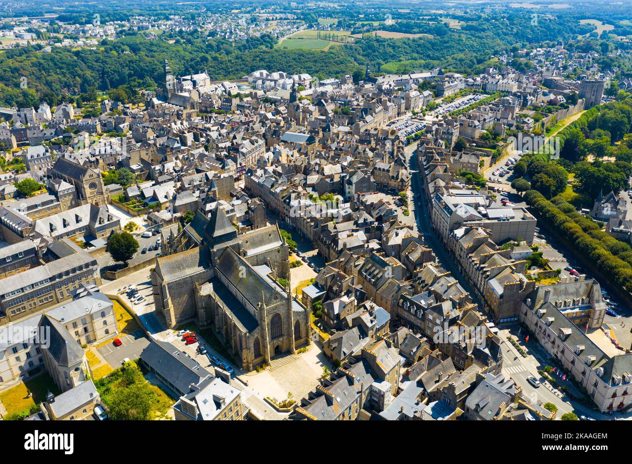 Aerial view of Dinan overlooking Gothic Church of Saint Malo, France ...