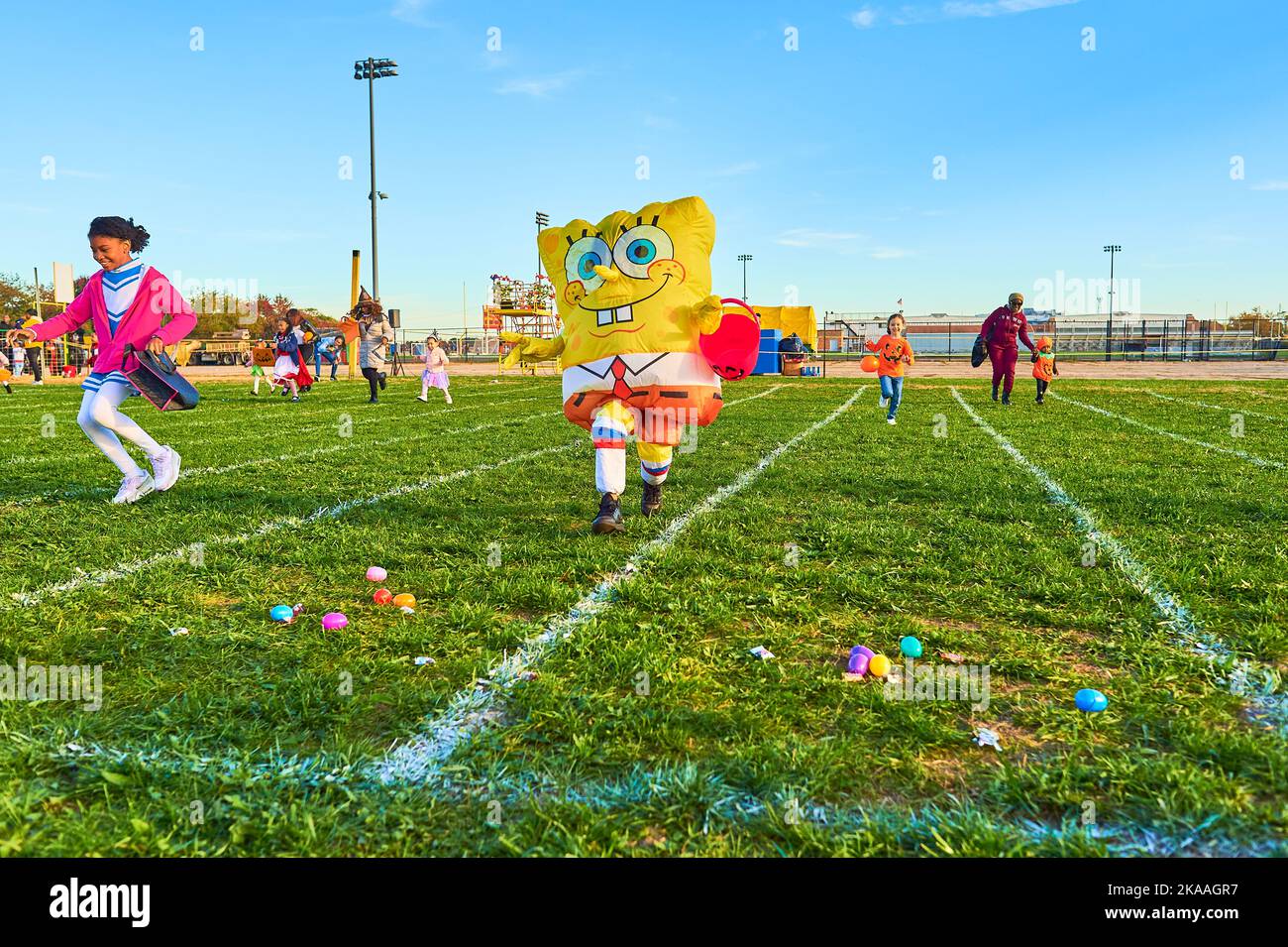 Easter egg race on Halloween with sponge bob in the lead Stock Photo ...