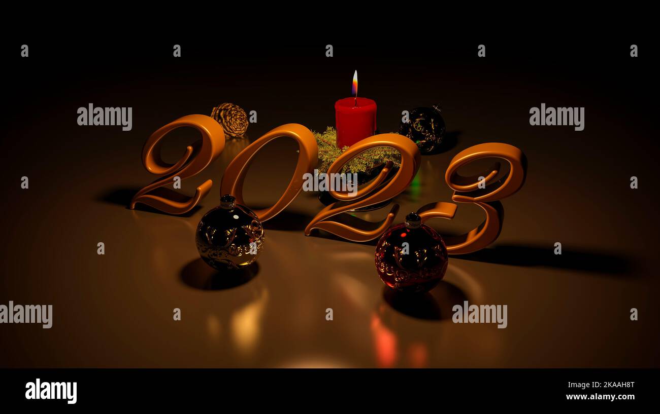 Christmas 2023 candle and ornaments over indoor dark background - 3d ...